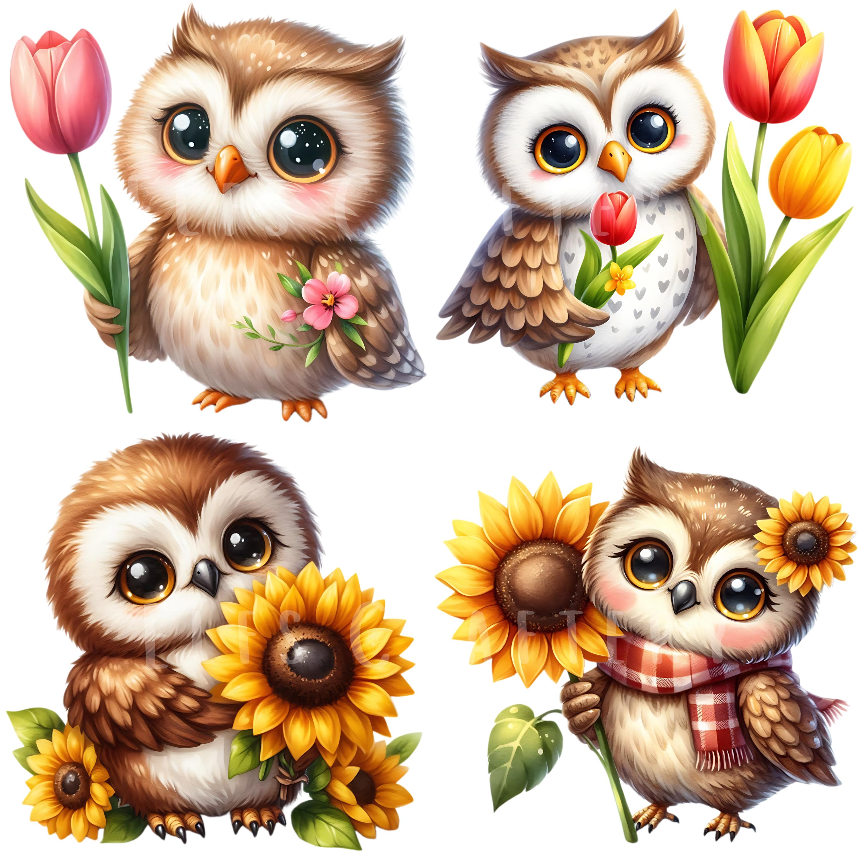 Little Flower Owl Clipart Bundle 15 PNG Watercolor Floral Owl Digital ...