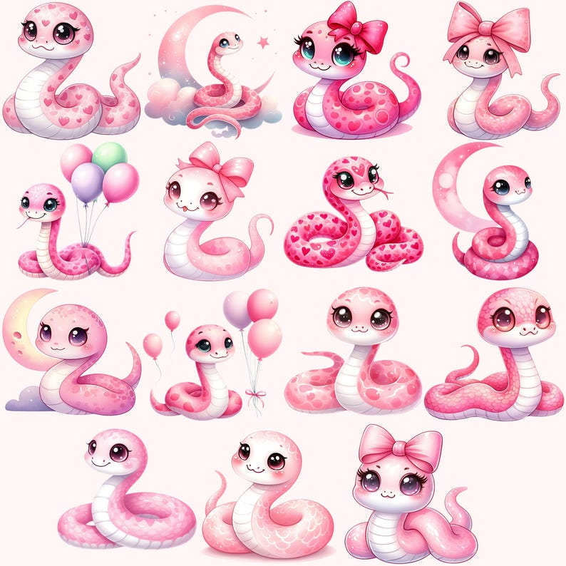 Pink Snake Clipart Bundle 15 PNG High Quality Cute Watercolor Snake ...