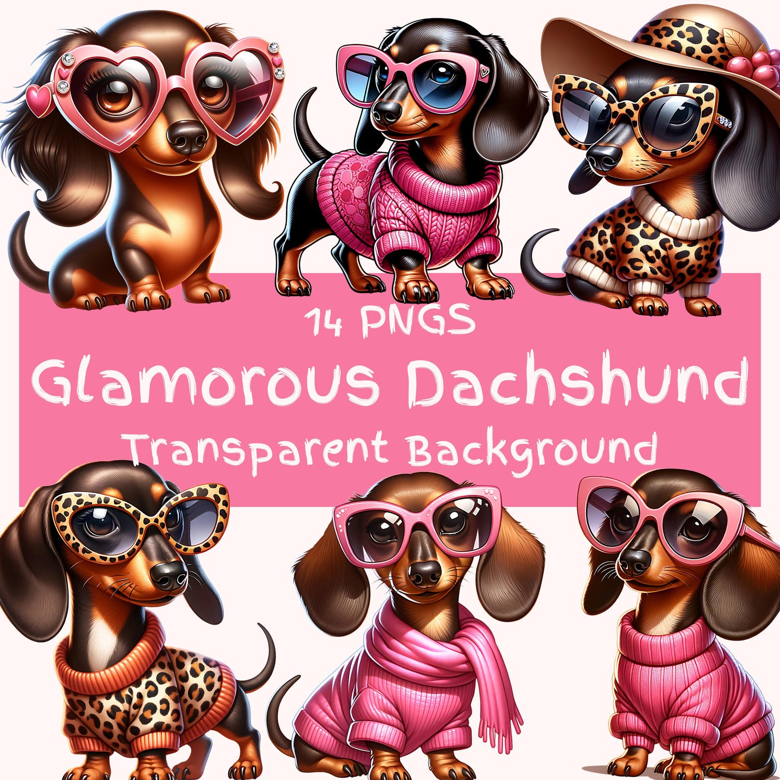 Glamorous Dachshund Clipart Bundle 14 PNG Cute Wiener Dog Clip Art ...