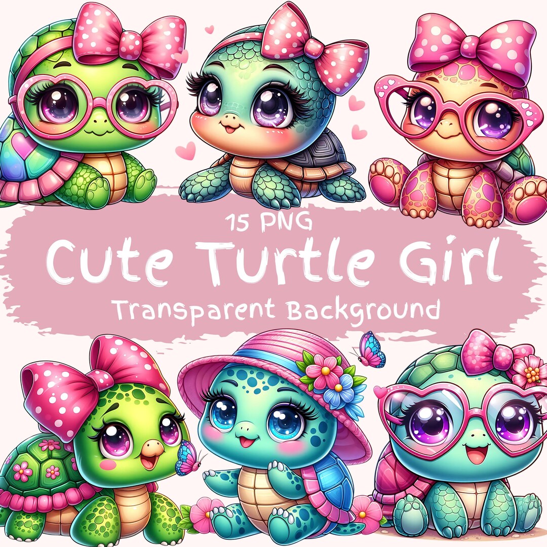 Cute Turtle Girl Clipart Bundle 15 PNG High Quality Cartoon Baby Turtle ...