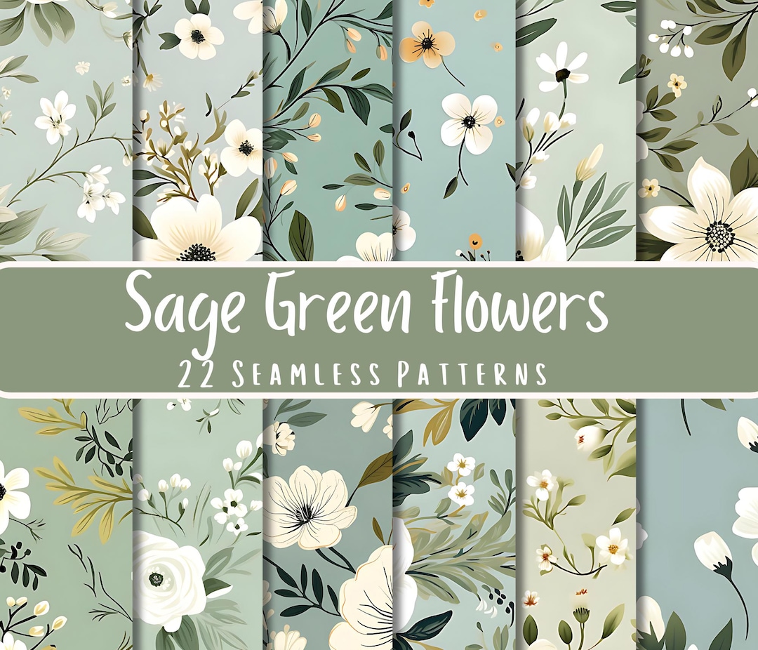 Seamless Sage Green Flower Digital Paper 22 PNG & JPG Files Digital ...