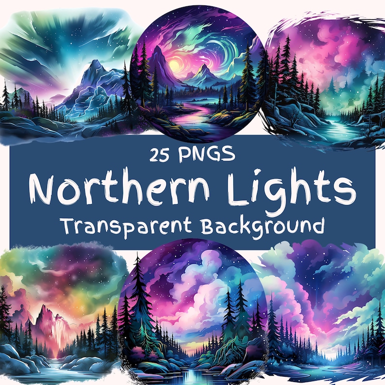 Northern Lights Clipart Bundle 25 PNG Aurora Abstract Northen Lights ...