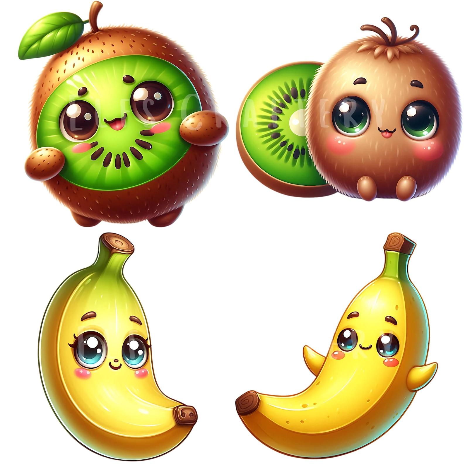 Cute Fruits Clipart Bundle 24 PNG Cartoon Fruit Faces Happy Printable ...