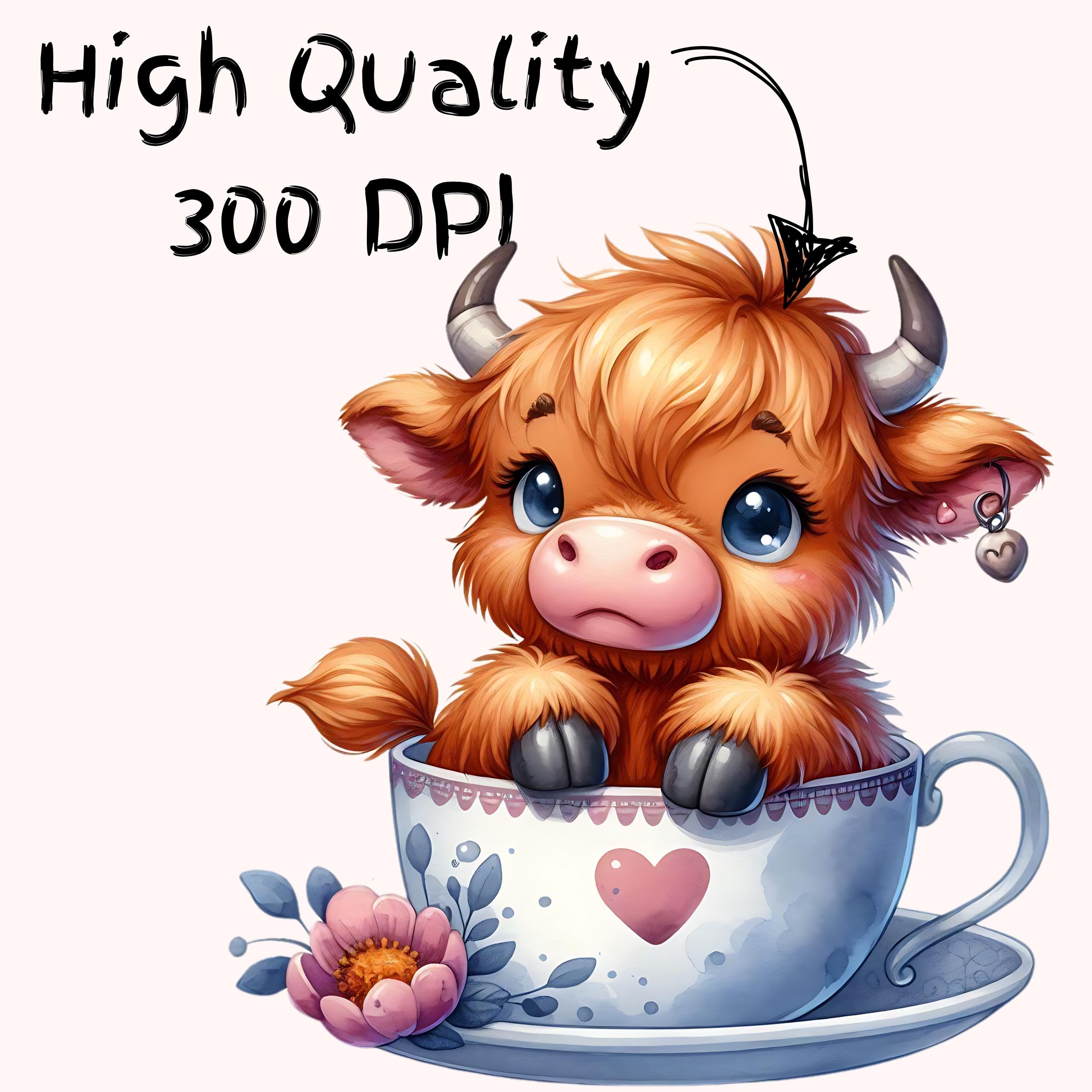 Teacup Highland Cow Clipart Bundle 15 PNG High Quality Cartoon Cute ...