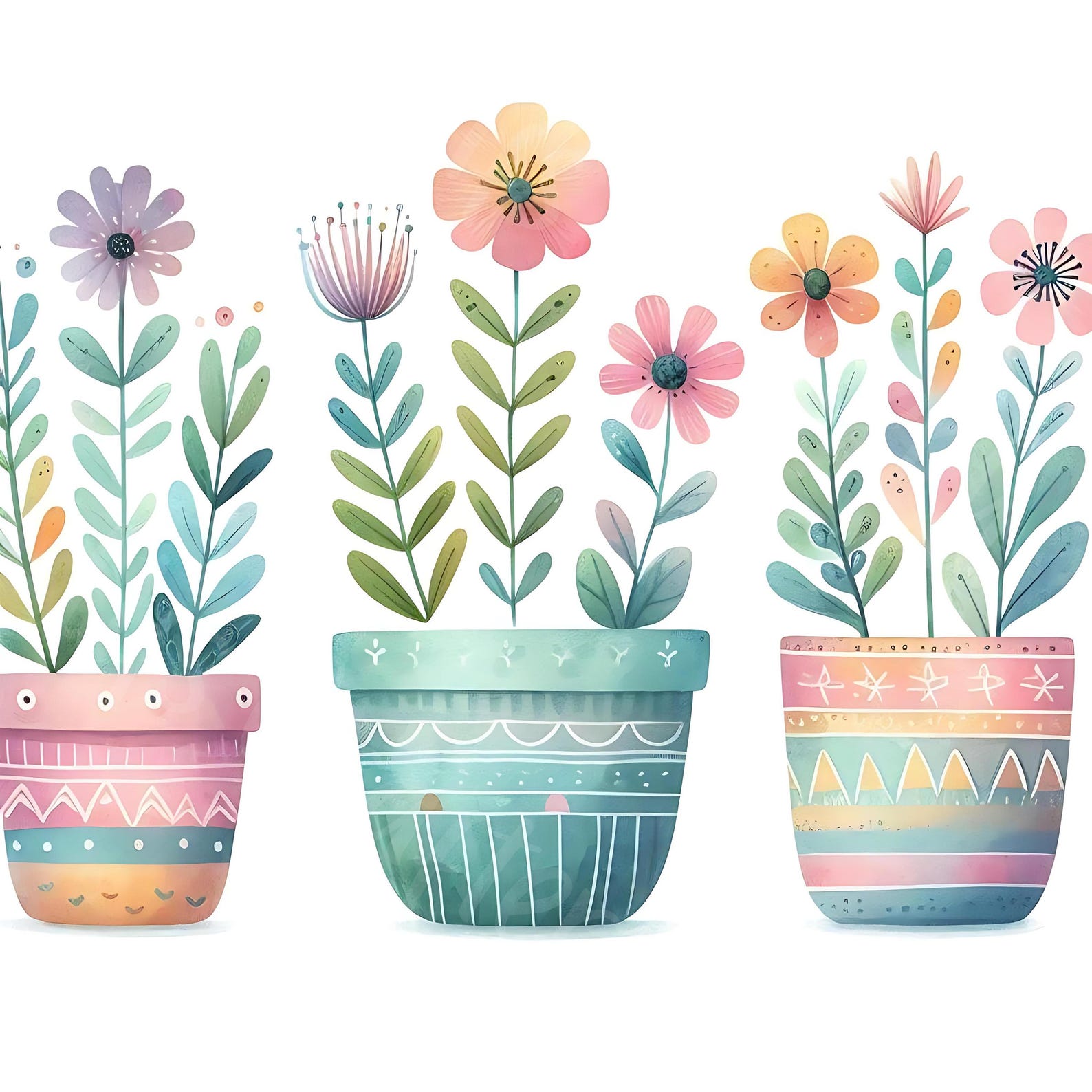 15 JPG Pastel Flower Pots Digital Art Bundle Beautiful Whimsical ...