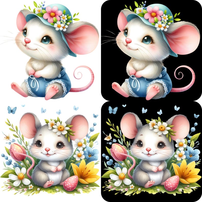 Spring Mouse Clipart Bundle 15 PNG High Quality Watercolor Cute Flower ...