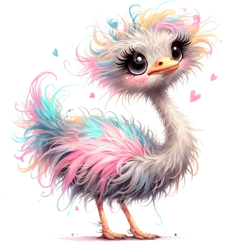 15 JPG Quirky Pastel Ostrich Clipart Bundle Watercolor Funny Ostrich ...