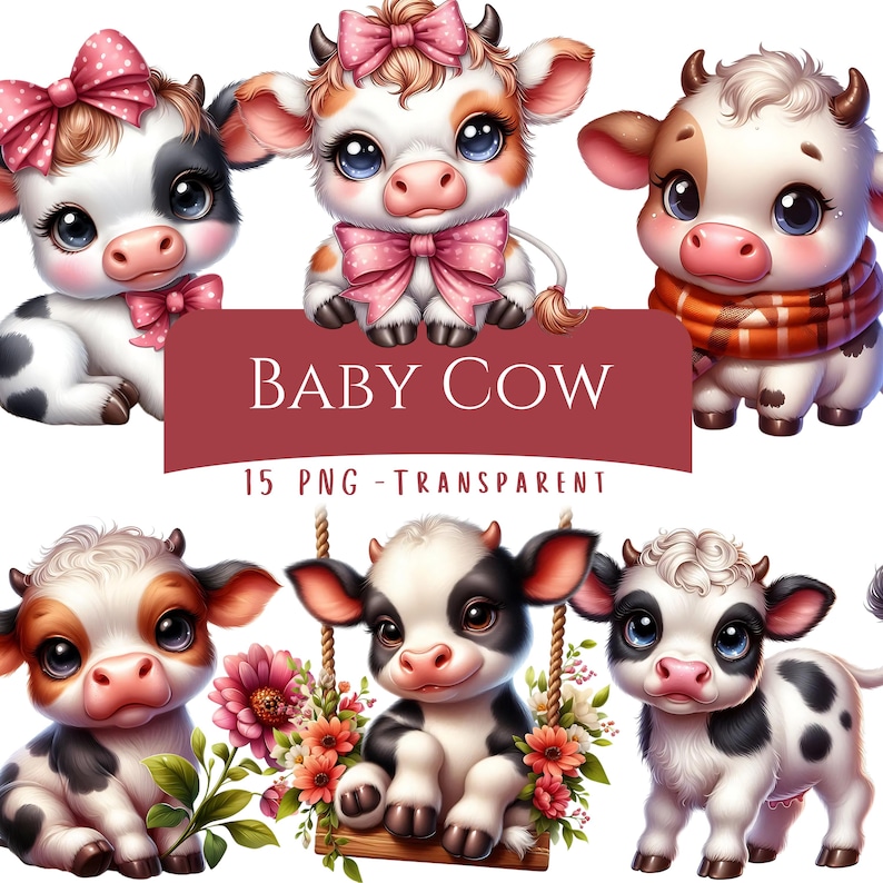 Baby Cow Clipart Bundle 15 PNG High Quality Watercolor Cute Animal Farm ...