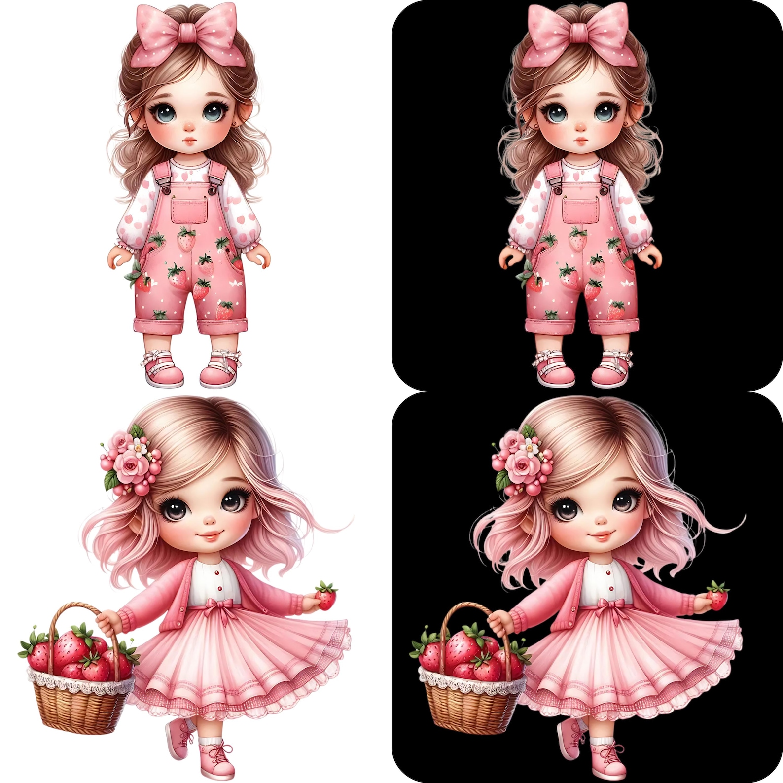 Strawberry Girl Clipart Bundle 15 PNG High Quality Watercolor Cute Girl ...