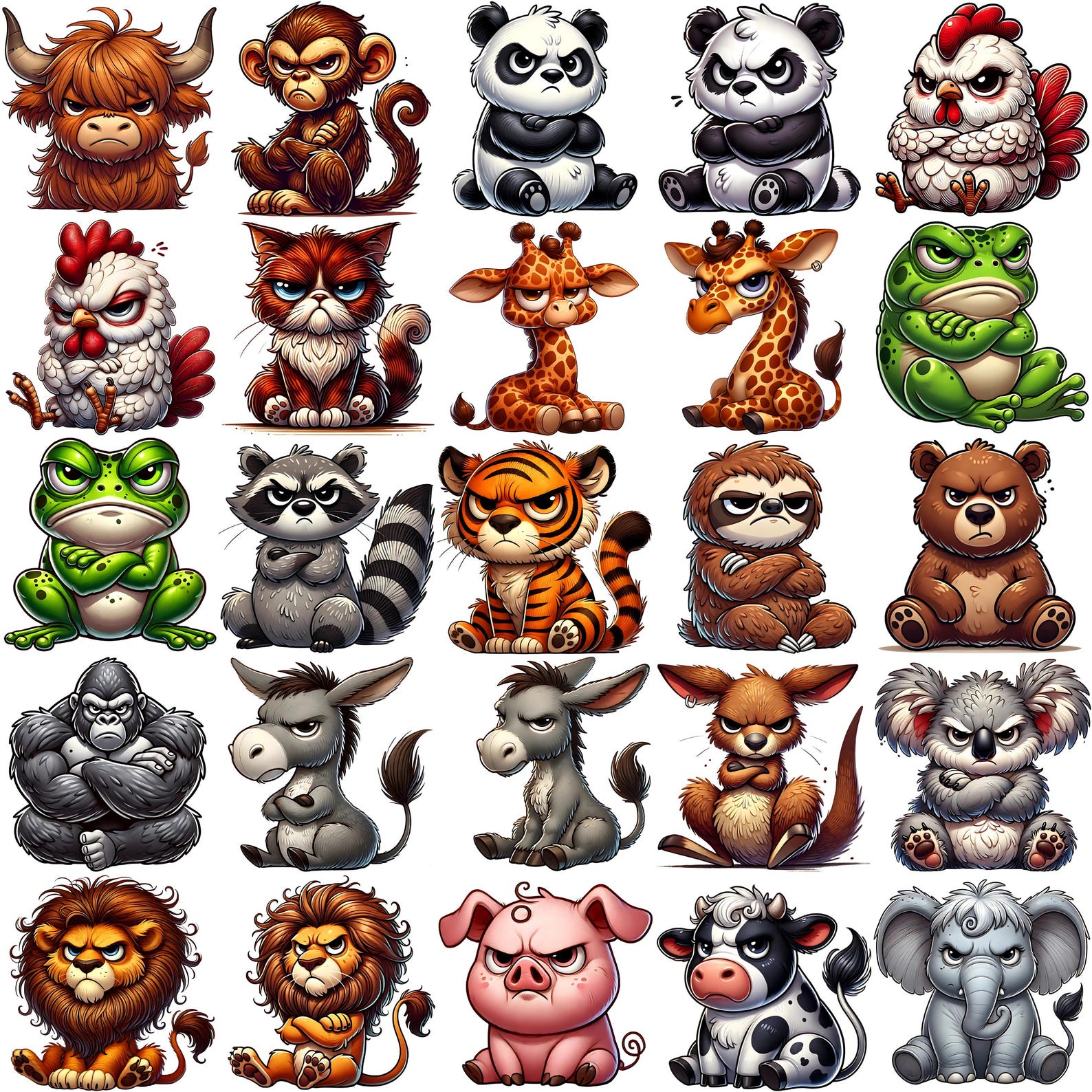 Grumpy Animal Clipart Bundle 25 PNG High Quality Files Angry Farm ...