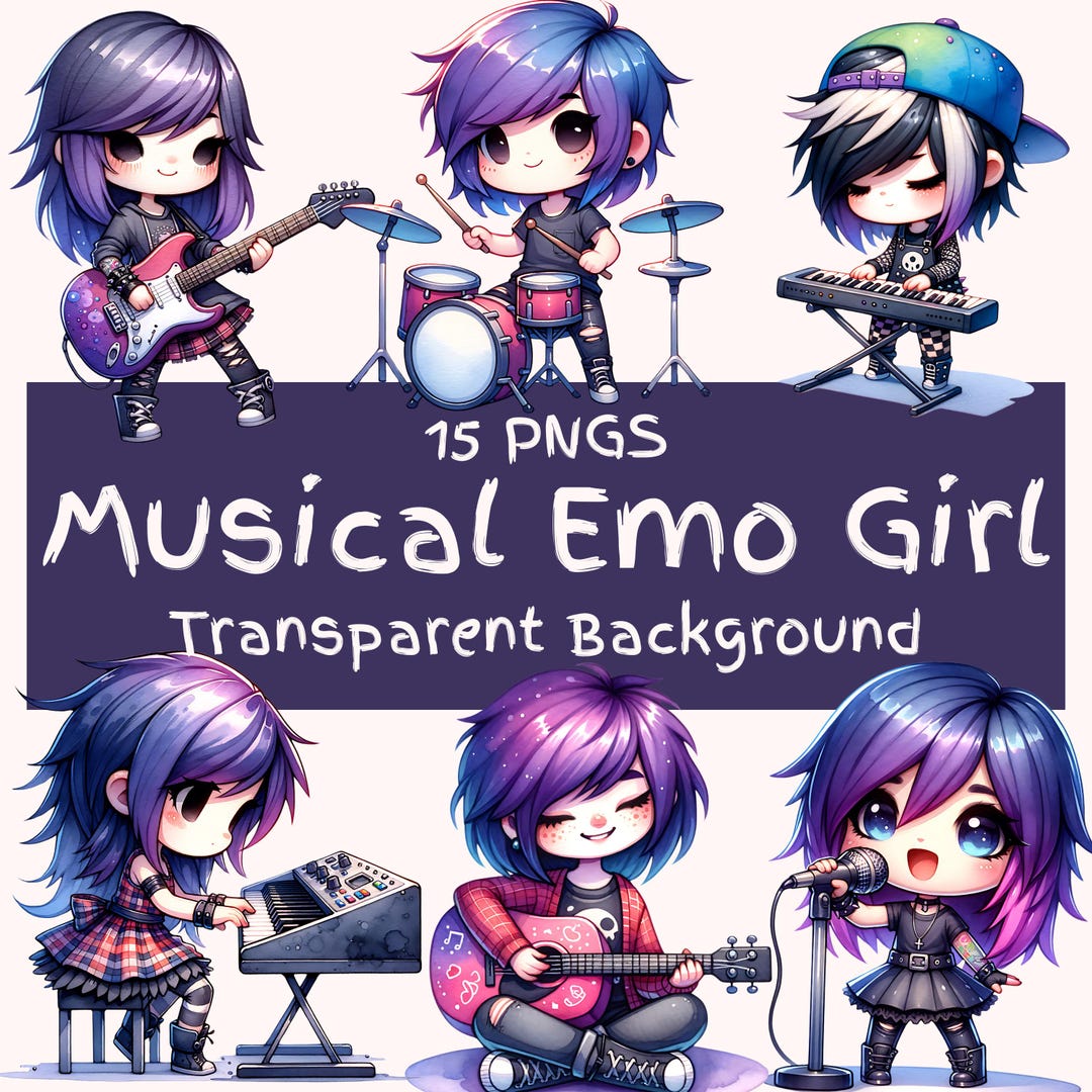 Musical Emo Girl Clipart Bundle 15 PNG High Quality Watercolor Digital ...