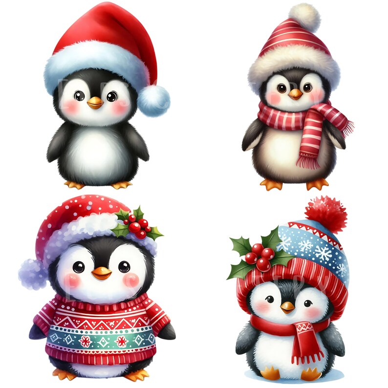 Christmas Penguin Clipart Bundle 15 PNG High Quality Cute Watercolor ...