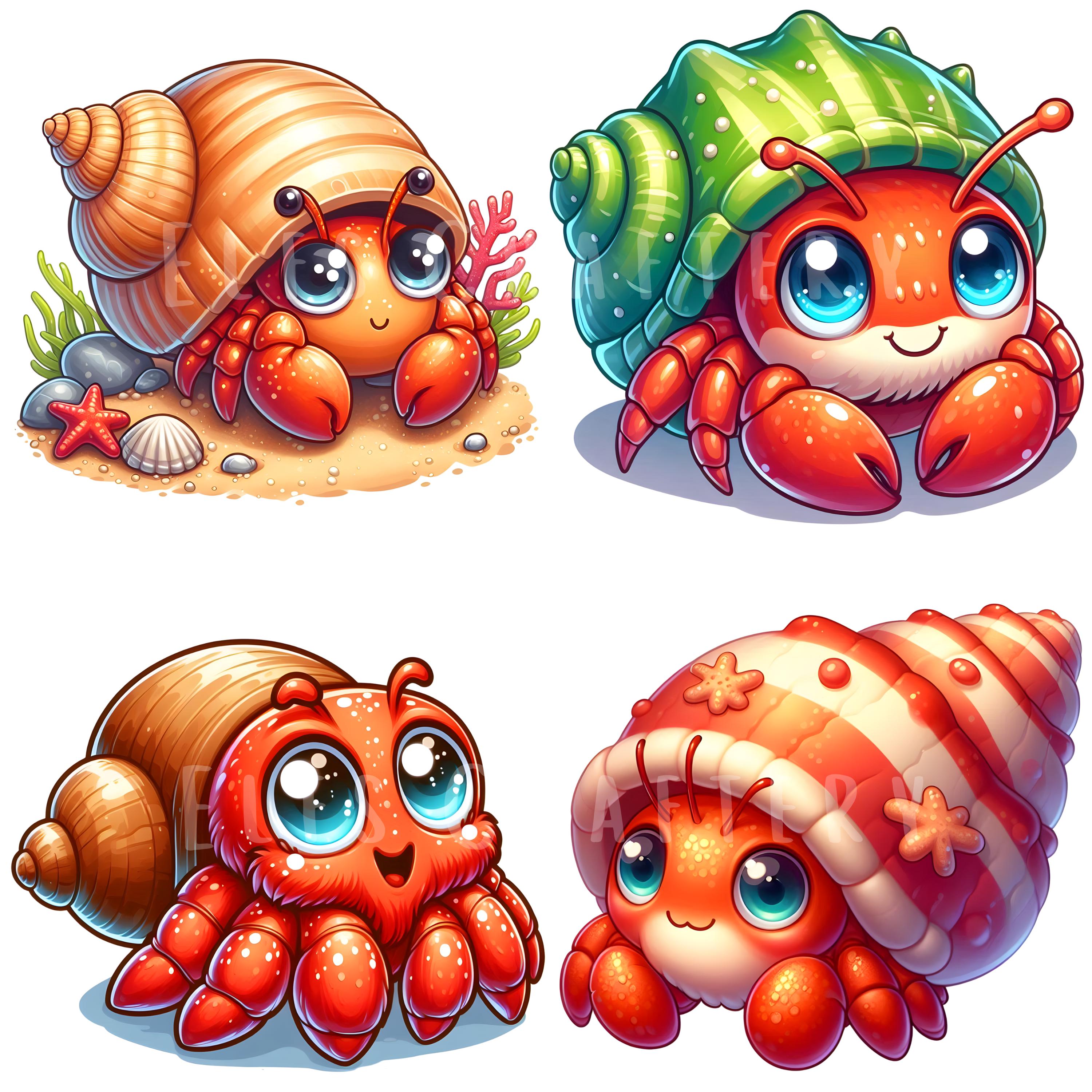 Cute Hermit Crab Clipart Bundle 15 PNG Watercolor Baby Ocean Theme ...
