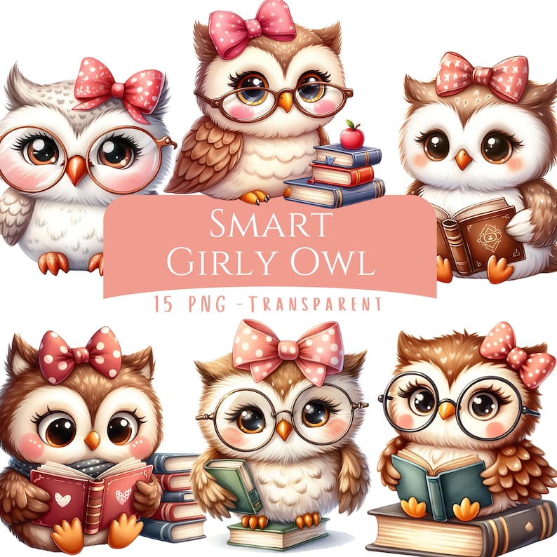Smart Girly Owl Clipart Bundle 15 PNG High Quality Cartoon Watercolor ...