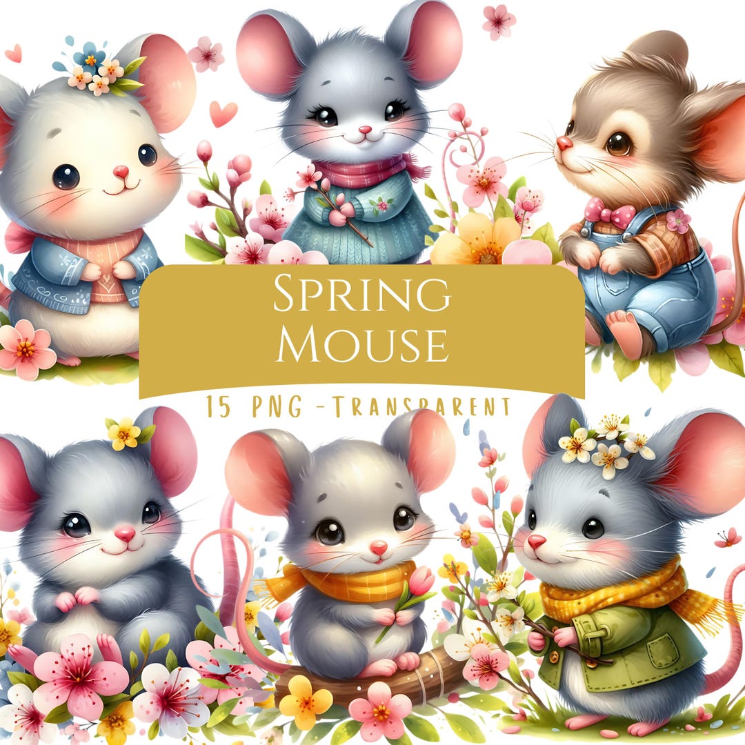 Spring Mouse Clipart Bundle 15 PNG High Quality Watercolor Cute Flower ...