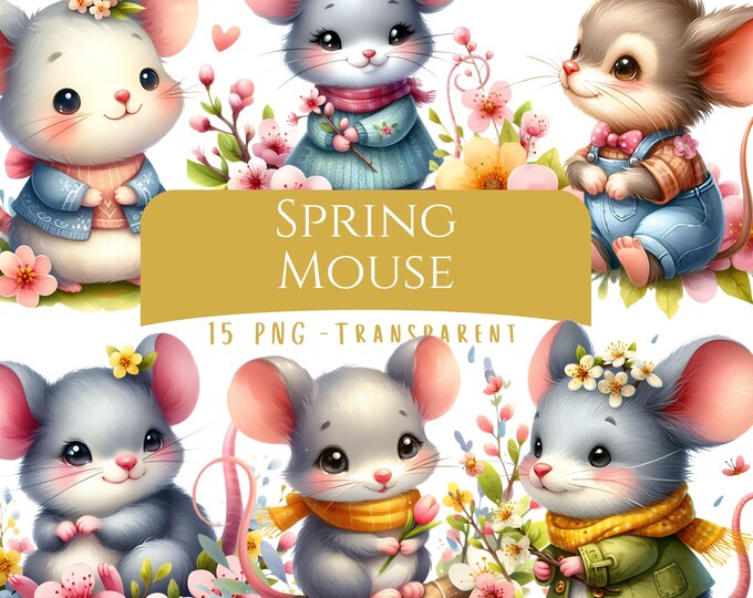 Watercolor Mouse Clipart: Spring Animal PNG Graphics (digital Download ...