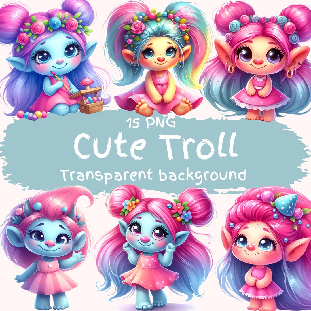 Cute Troll Clipart Bundle 15 PNG High Quality Watercolor Cartoon Cute ...