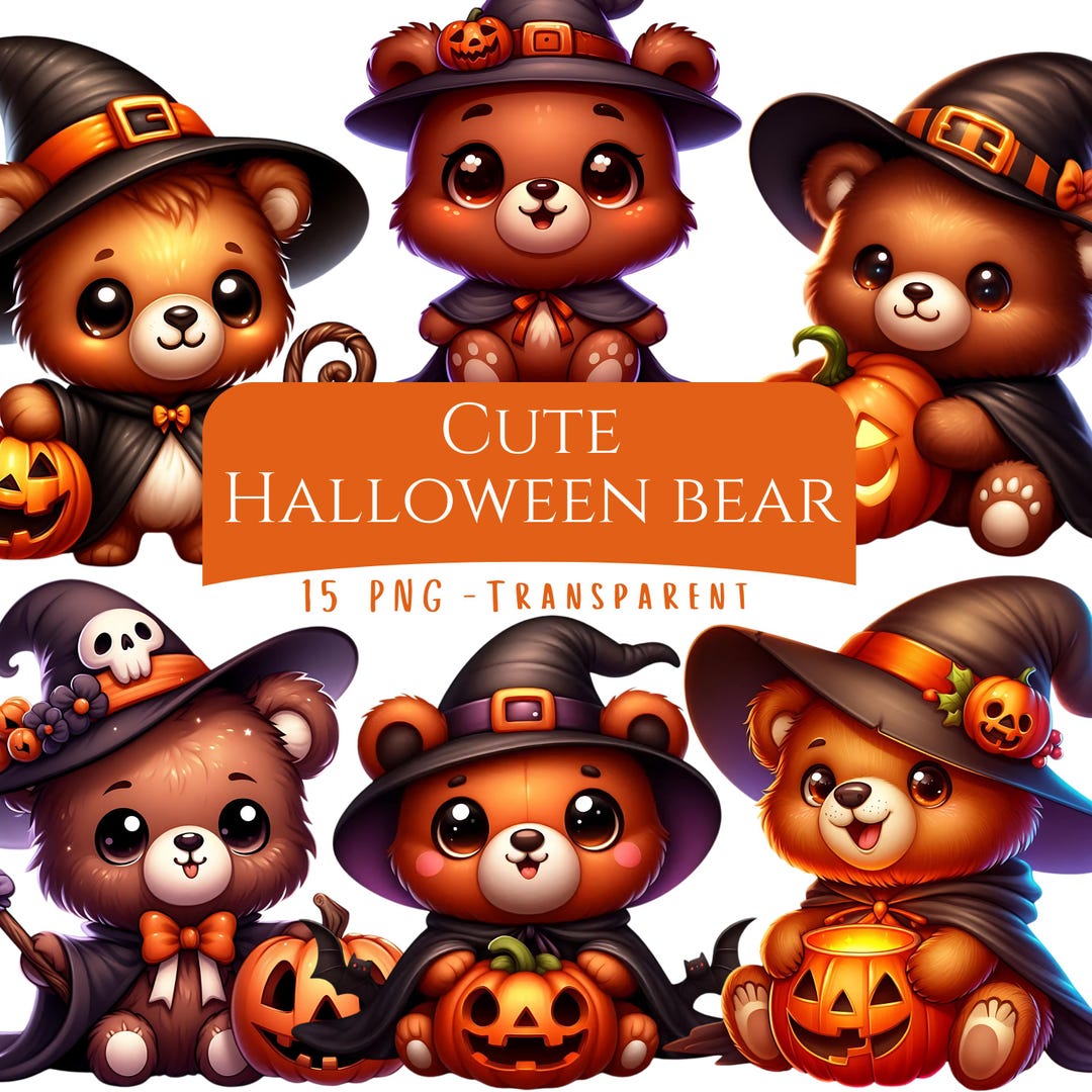 Cute Halloween Bear Clipart Bundle 15 PNG High Quality Cartoon Spooky ...