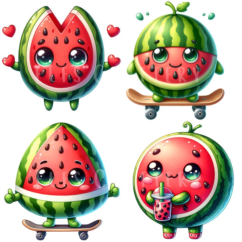 Watermelon Character Clipart Bundle 15 PNG High Quality Kawaii ...