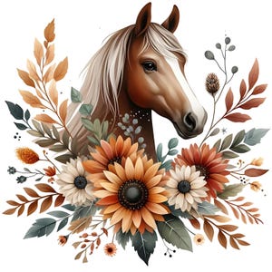 20 JPG Boho Flower Horse Clipart Bundle Watercolor Brown Horse Digital ...