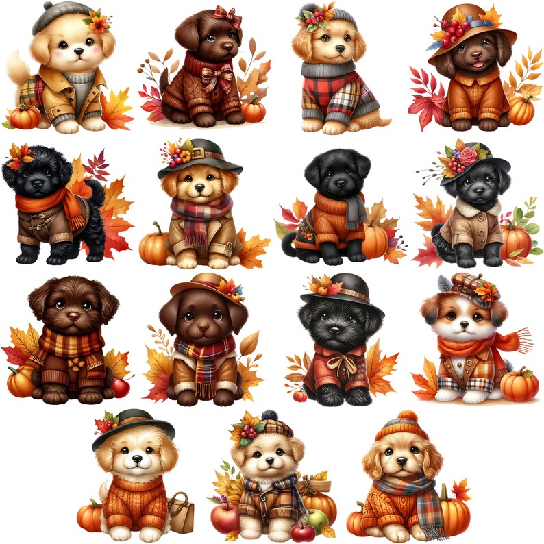 Autumn Puppies Clipart Bundle 15 PNG High Quality Watercolor Fall ...