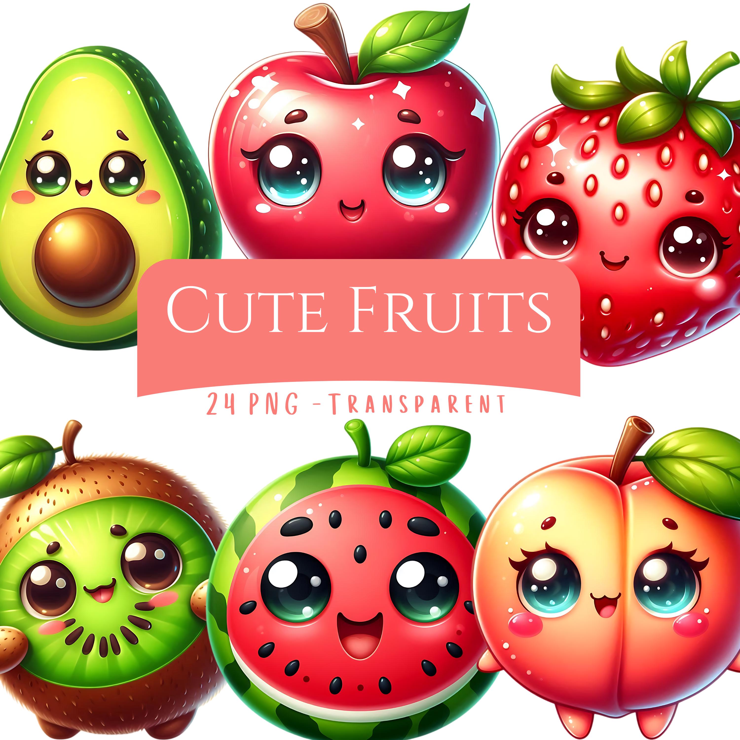 Cute Fruits Clipart Bundle 24 PNG Cartoon Fruit Faces Happy Printable ...