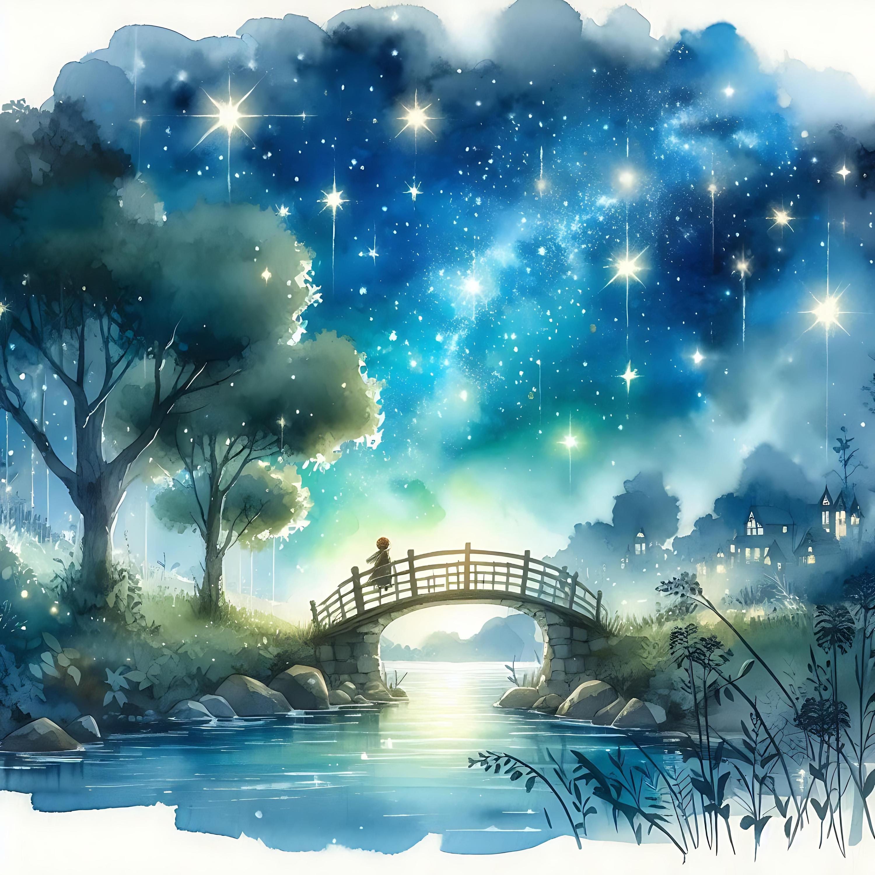 15 JPG Starry Night Bridge Digital Art Bundle Watercolor Painting Style ...