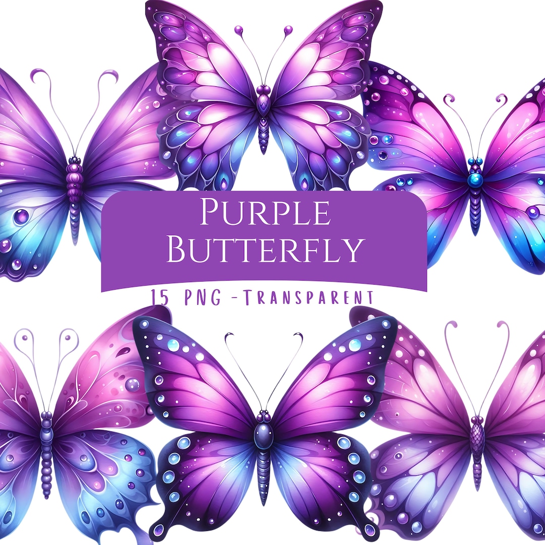 Purple Butterfly Clipart Bundle 15 PNG High Quality Watercolor Cute ...