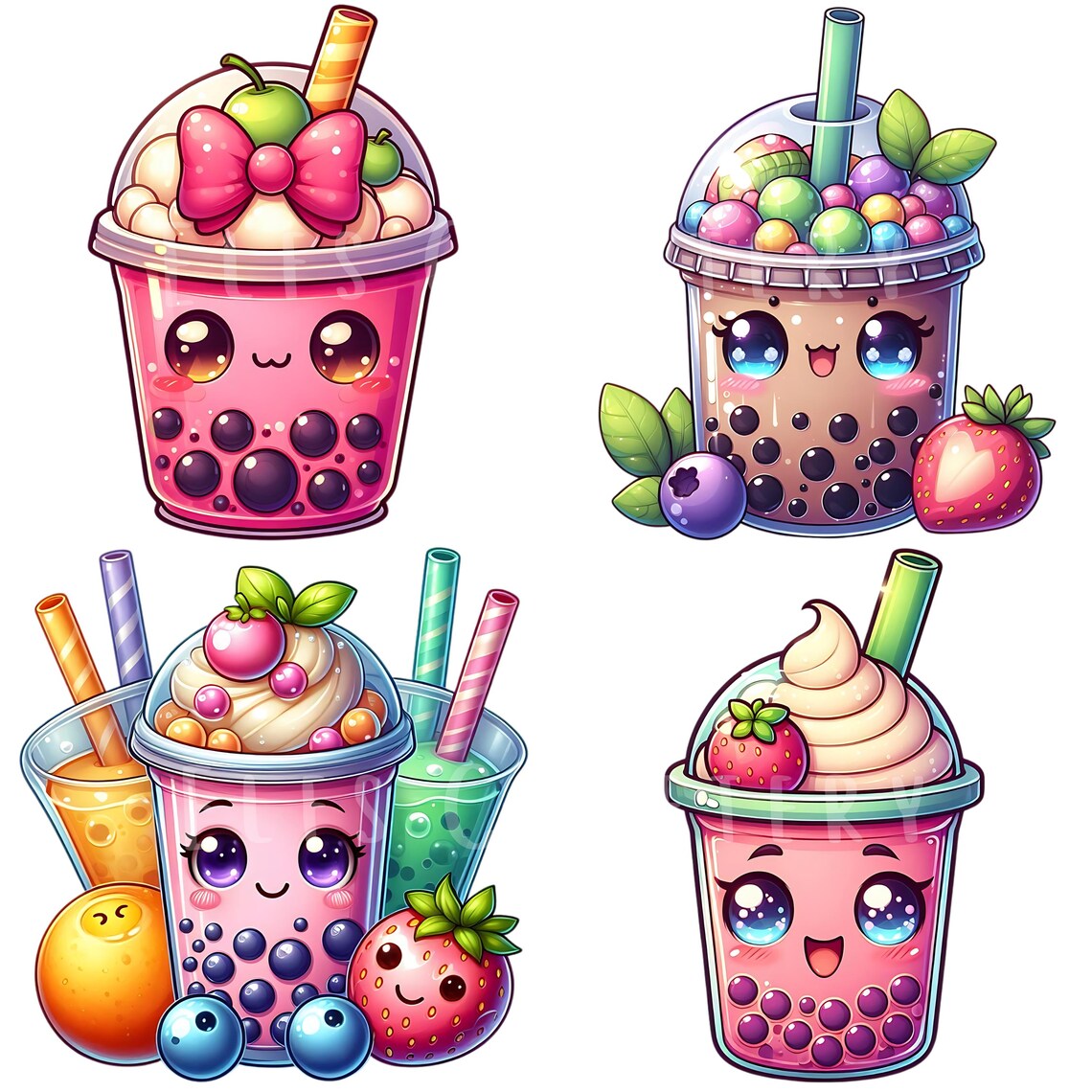 Cute Bubble Tea Clipart Bundle 15 PNG Happy Drink Faces Printable ...