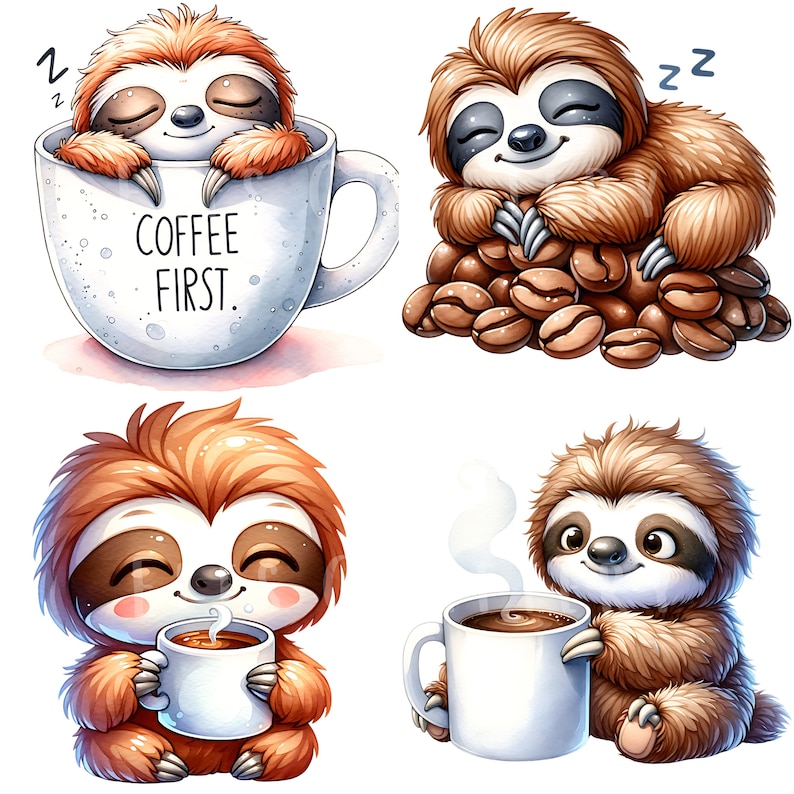 Coffee Sloth Clipart Bundle 12 PNG High Quality Digital Files ...