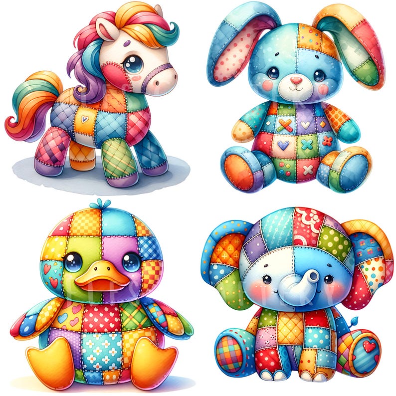 Patchwork Plush Animals Clipart Bundle 15 PNG High Quality Watercolor ...