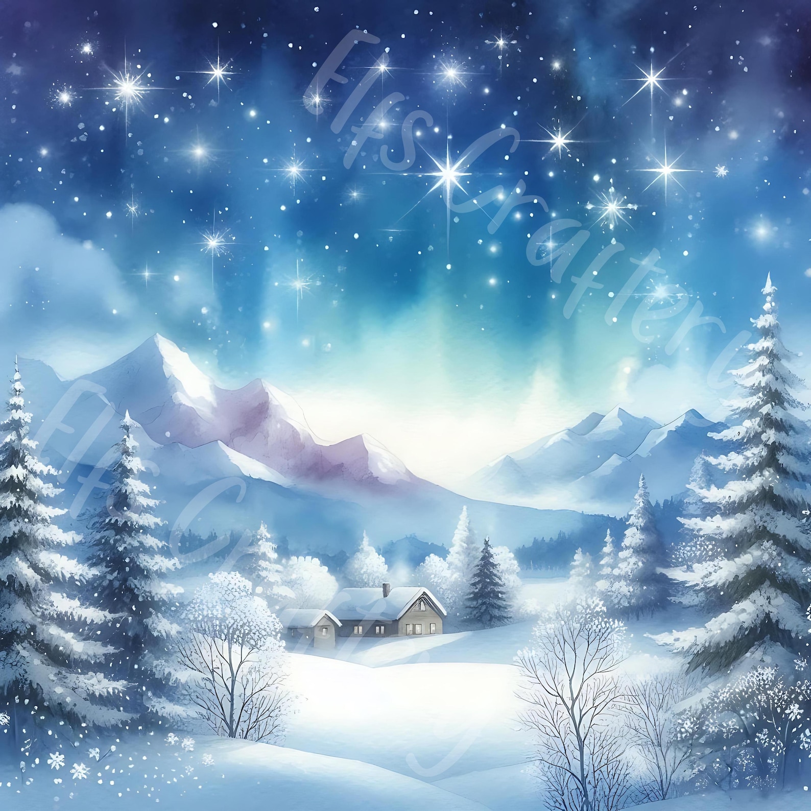 15 JPG Starry Night White Christmas Digital Art Bundle Watercolor ...