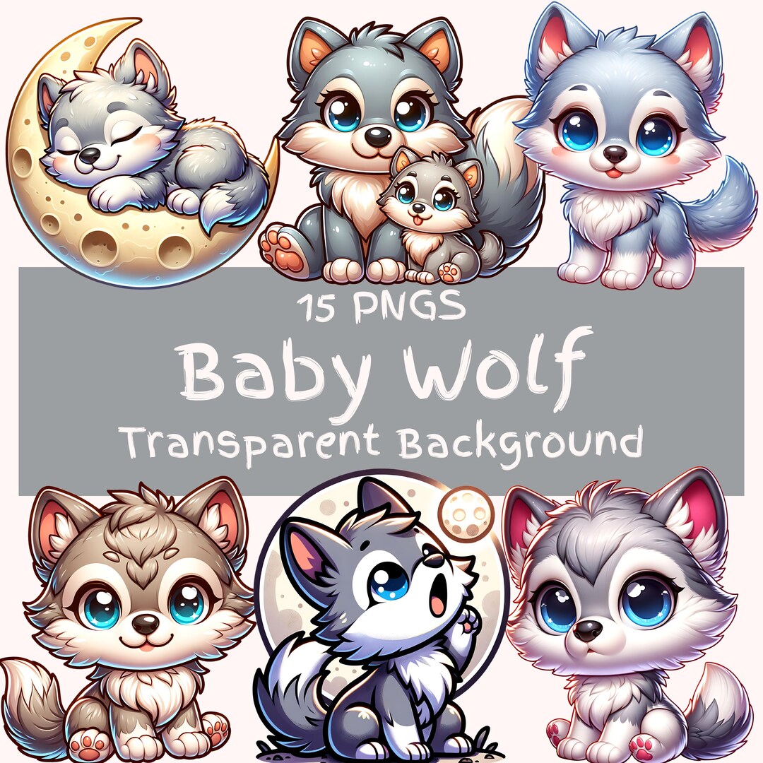Baby Wolf Clipart Bundle 15 PNG Transparent High Quality Files Wolf ...