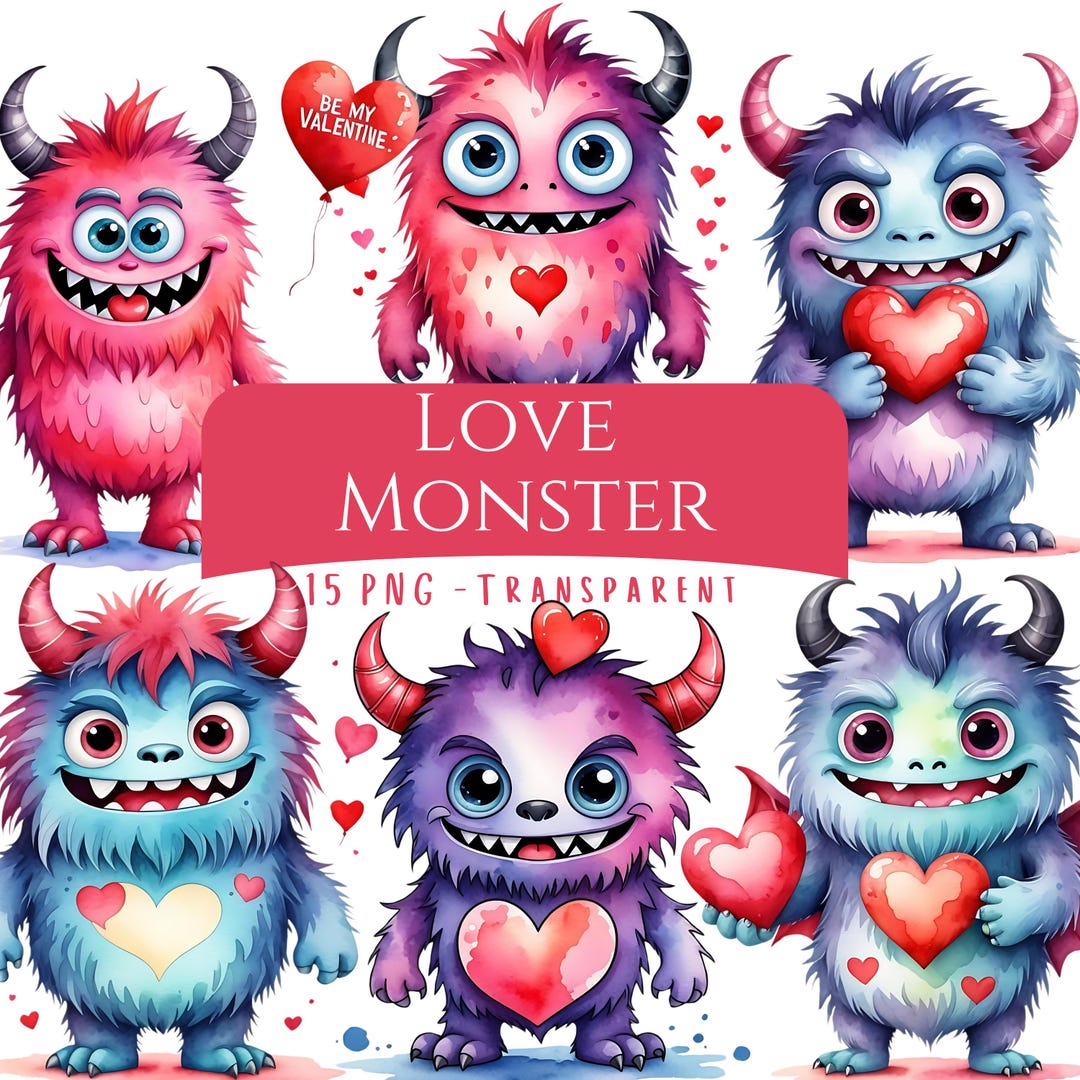 Love Monster Clipart Bundle 15 PNG High Quality Fluffy Cute Monster ...