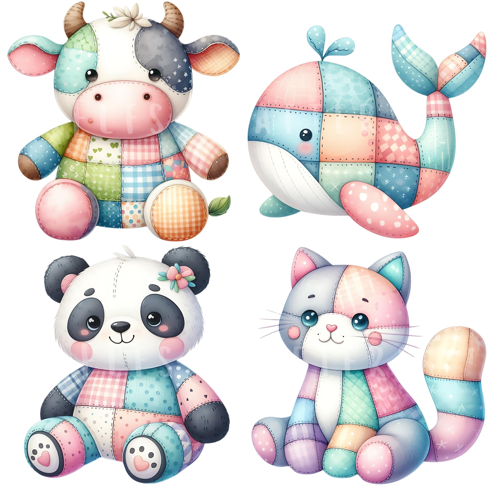 Pastel Patchwork Plush Animal Clipart Bundle 15 PNG High Quality ...
