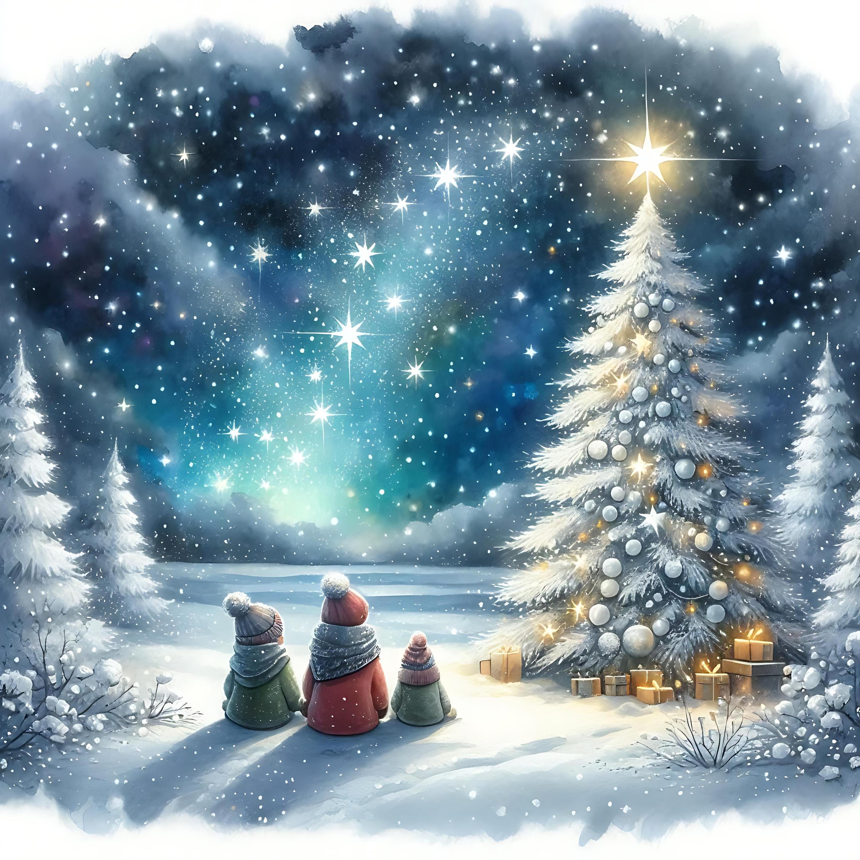 15 JPG Starry Night White Christmas Digital Art Bundle Watercolor ...