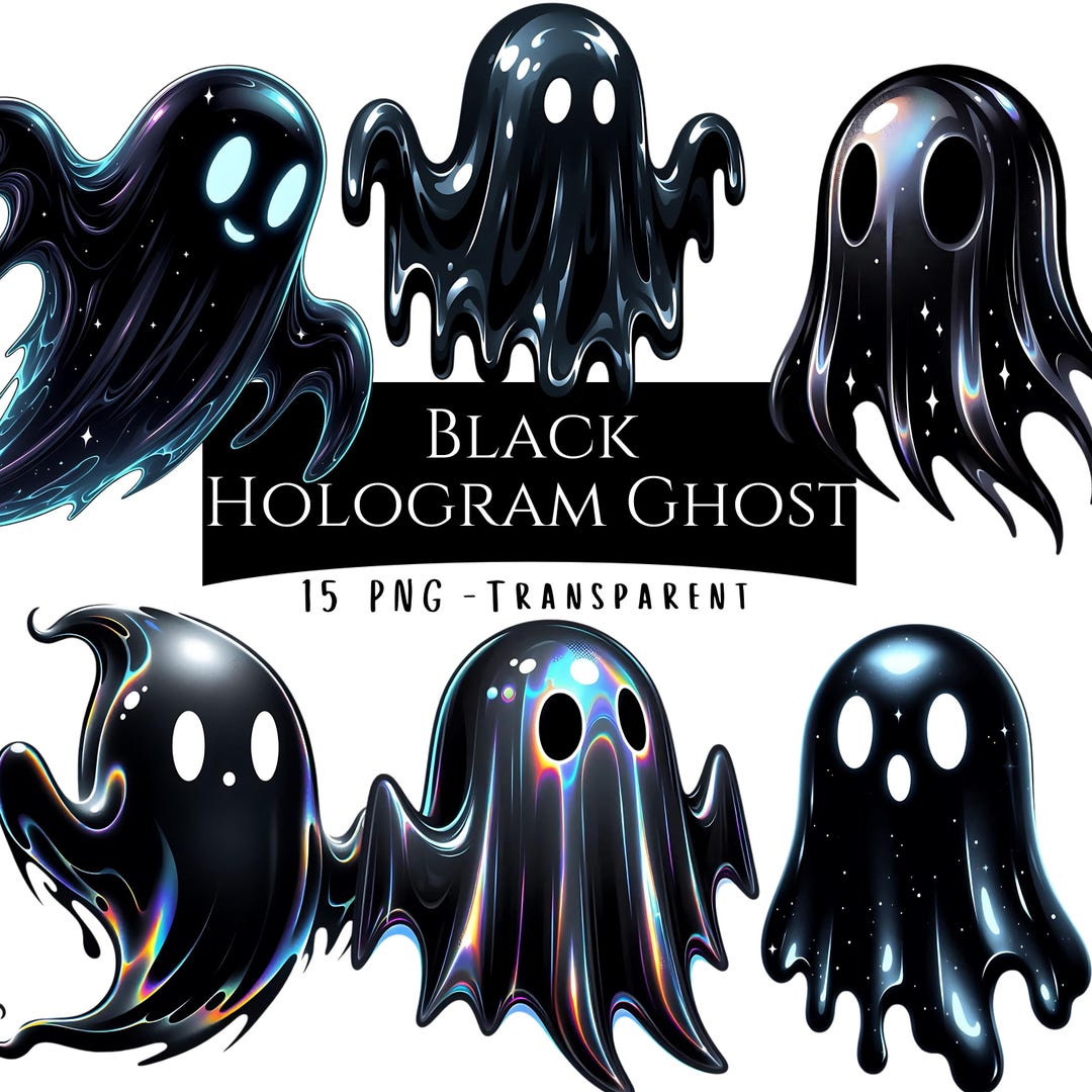 Black Hologram Ghost Clipart Bundle 15 PNG High Quality Cartoon Gothic ...