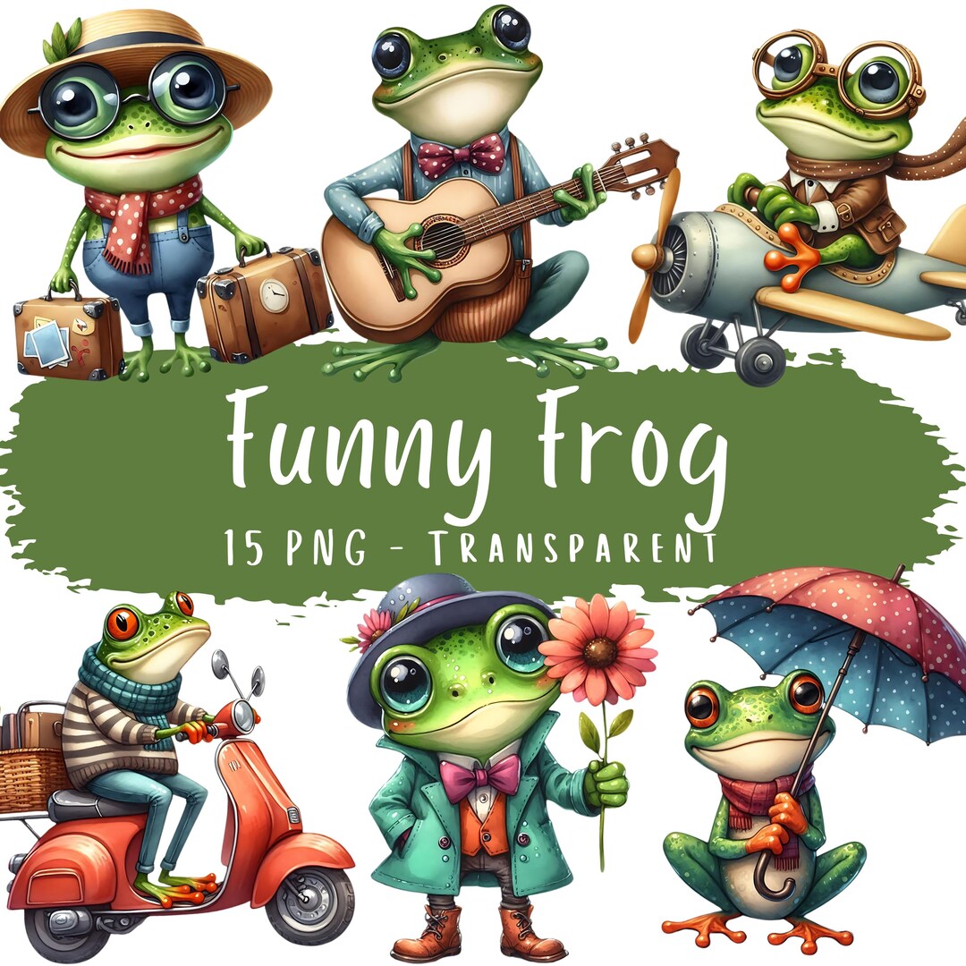 Funny Frog Clipart Bundle 15 PNG Watercolor Cute Quirky Frog Lover ...