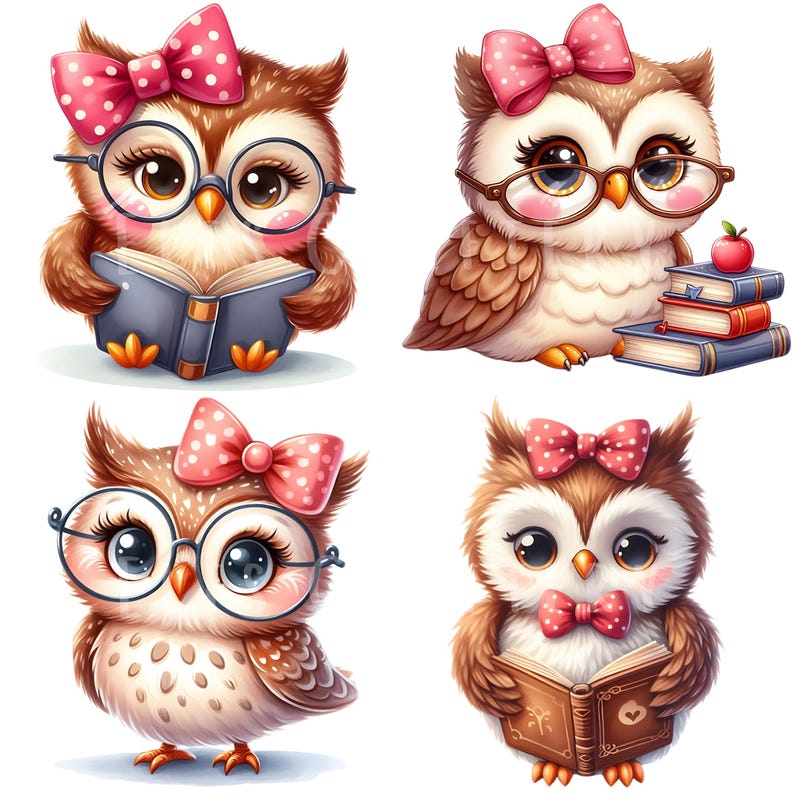Smart Girly Owl Clipart Bundle 15 PNG High Quality Cartoon Watercolor ...