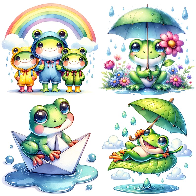 Rainy Day Frog Clipart Bundle 15 PNG High Quality Watercolor Frog ...