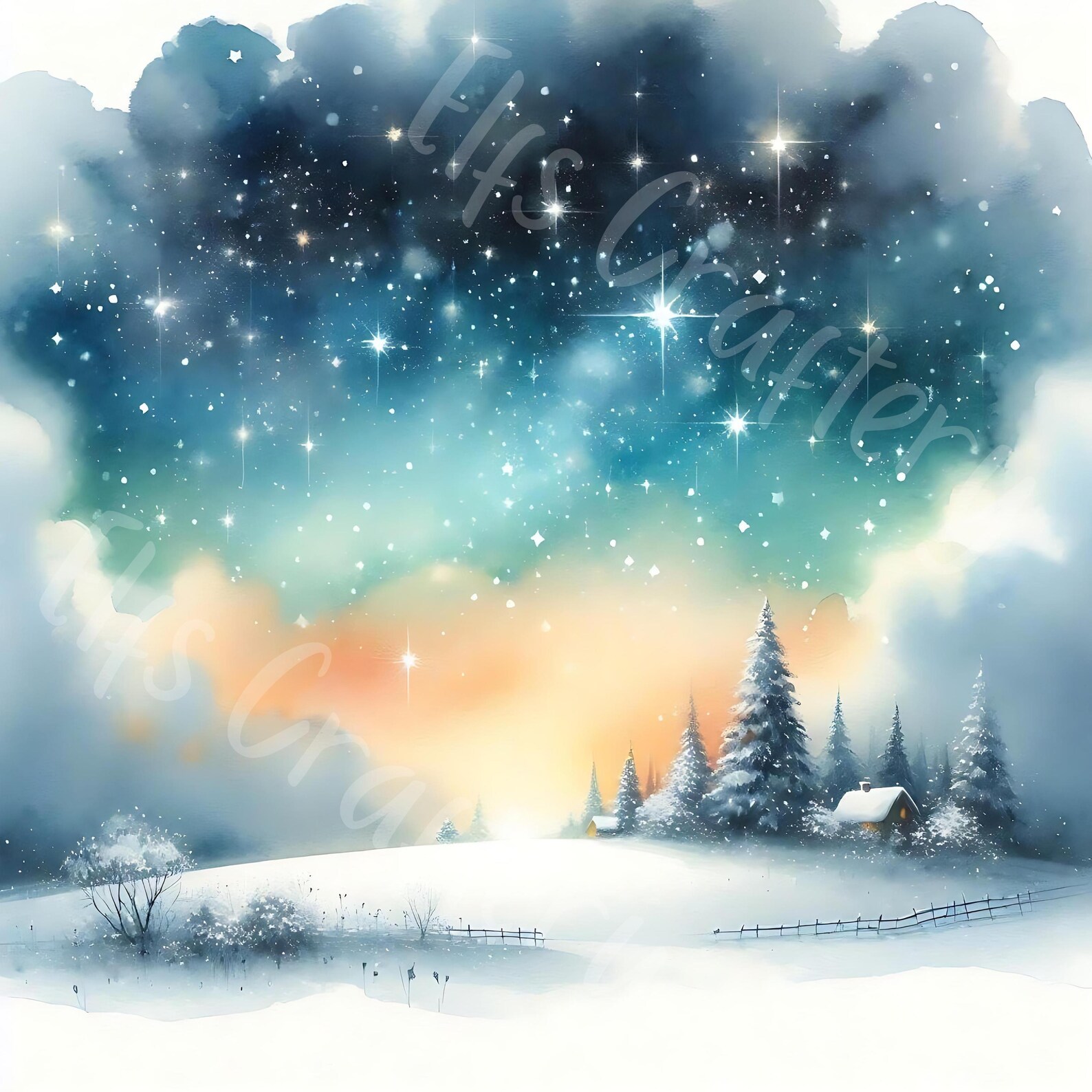 15 JPG Starry Night White Christmas Digital Art Bundle Watercolor ...