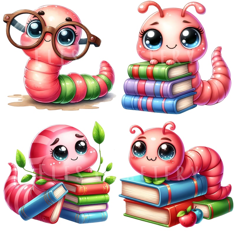 Cute Bookworm Clipart Bundle 15 PNG High Quality Cartoon Cute Nerd Book ...