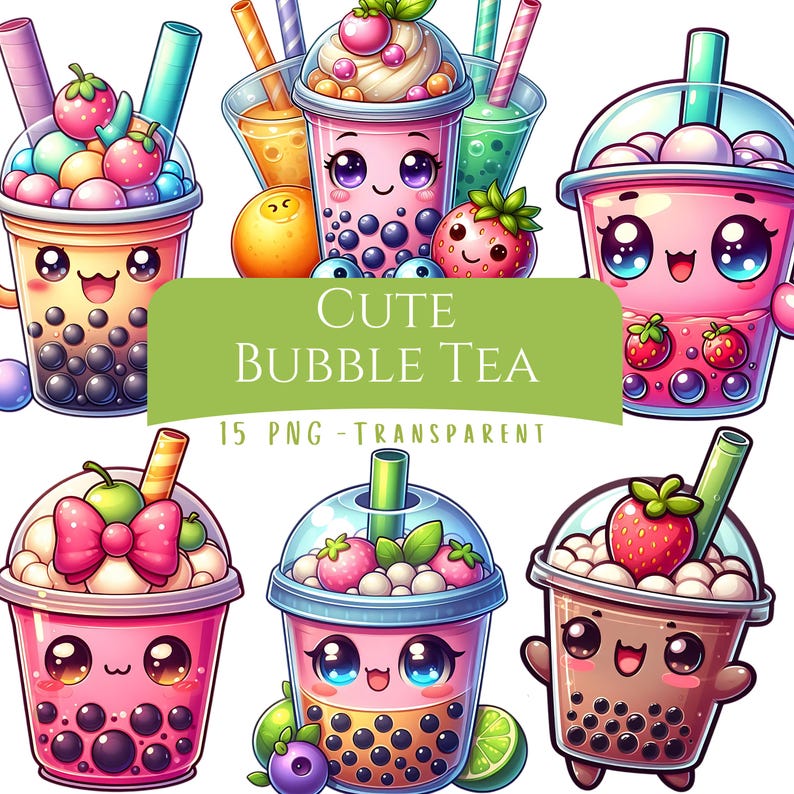 Cute Bubble Tea Clipart Bundle 15 PNG Happy Drink Faces Printable ...
