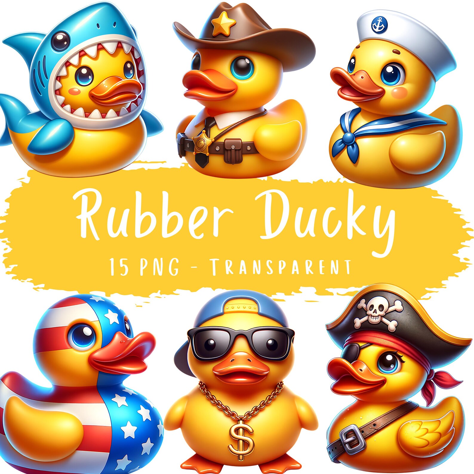 Rubber Ducky Clipart Bundle 15 PNG High Quality Cartoon Duck Files Cute ...