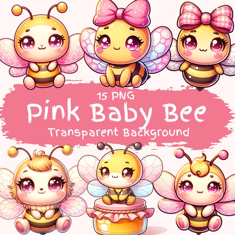Pink Baby Bee Clipart Bundle 15 PNG High Quality Cartoon Soft Pink ...