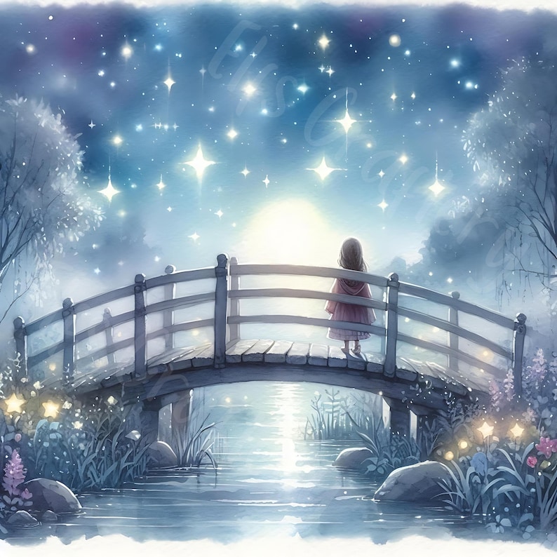15 JPG Starry Night Girl & Bridge Digital Art Bundle Watercolor Magical ...