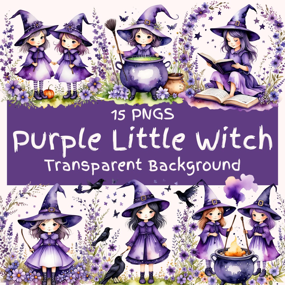 Purple Little Witch Clipart Bundle 15 PNG Watercolor Witch Clip Art ...