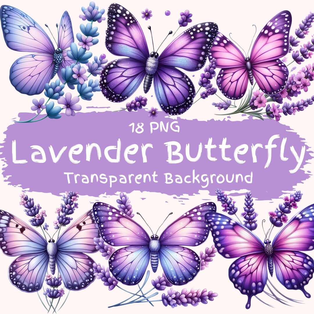 Lavender Butterfly Clipart Bundle 18 PNG Cute Purple Watercolor Floral ...