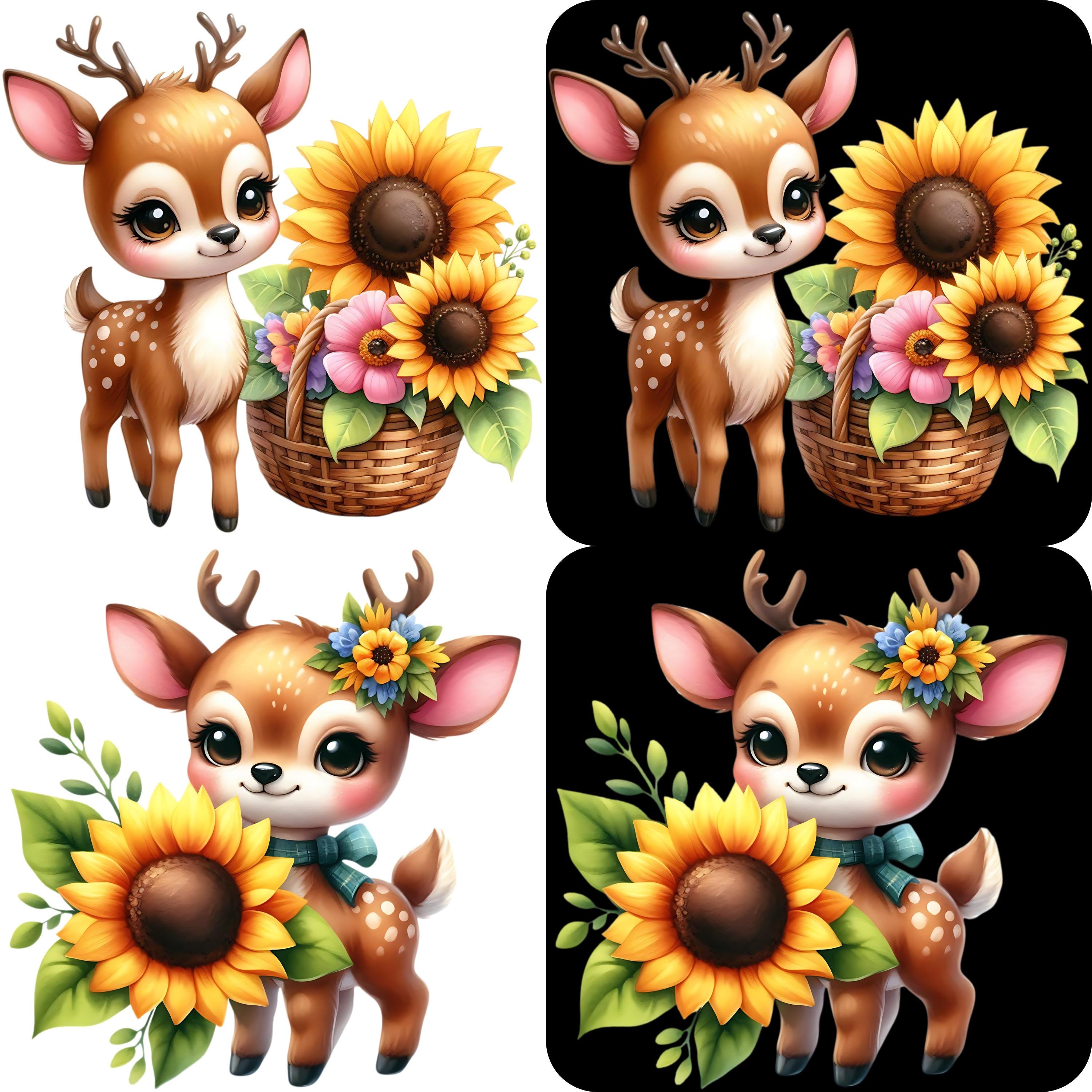 Sunflower Deer Clipart Bundle 15 PNG High Quality Cute Floral Woodland ...