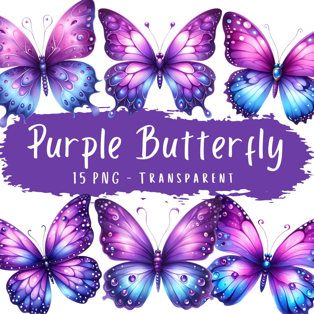 Purple Butterfly Clipart Bundle 15 PNG High Quality Watercolor Cute ...
